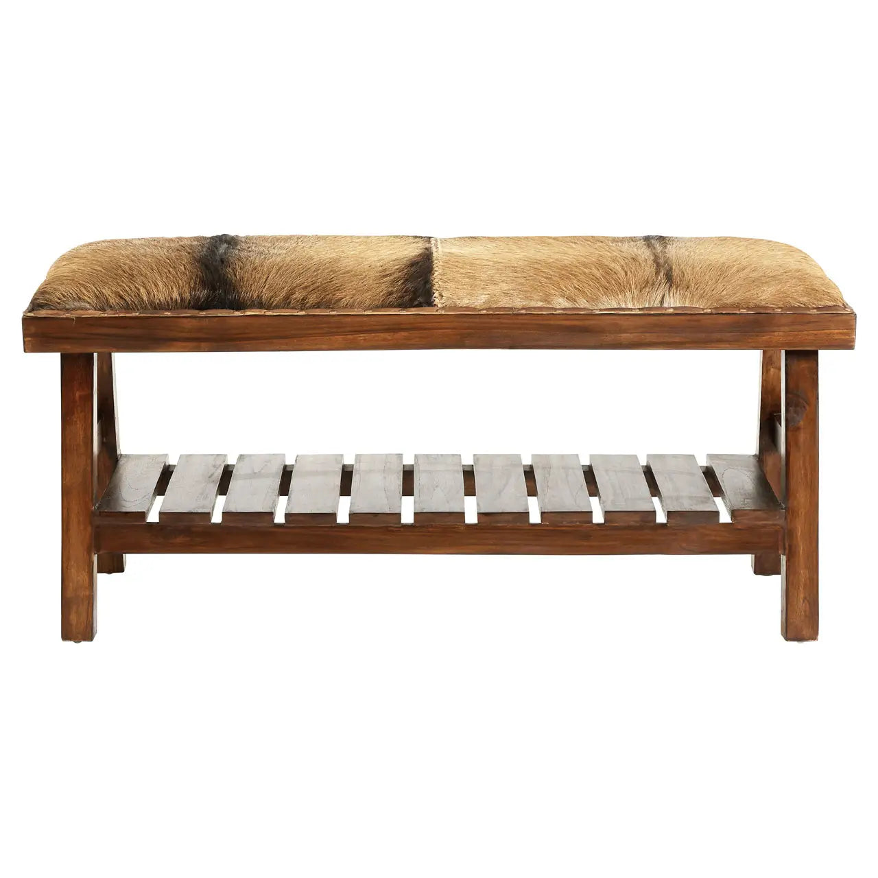 Kristoffer Teak Wood and Goat Hide Bench - Decoralist.com